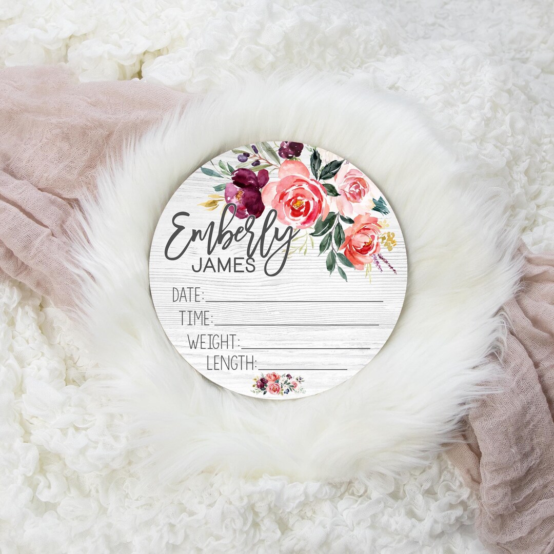Floral Girl Birth Stat Sign, Pink Floral Birth Stat Sign, Round Wood ...