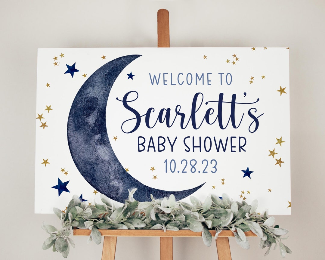 Moon Baby Shower Welcome Sign, Personalized Baby Shower Poster, Blue ...