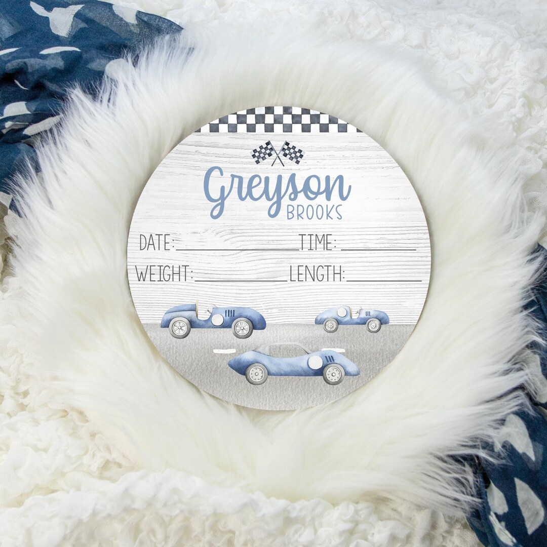 Race Car Birth Stat Sign, Birth Stat Sign, Round Wood Birth Stat Sign ...
