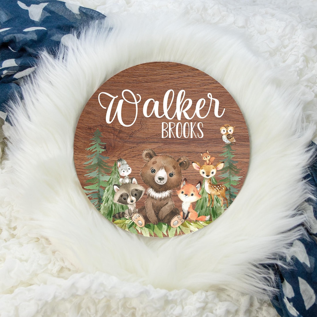 Woodland Animal Name Sign, Woodland Nursery Baby Sign, Round Wood Name ...