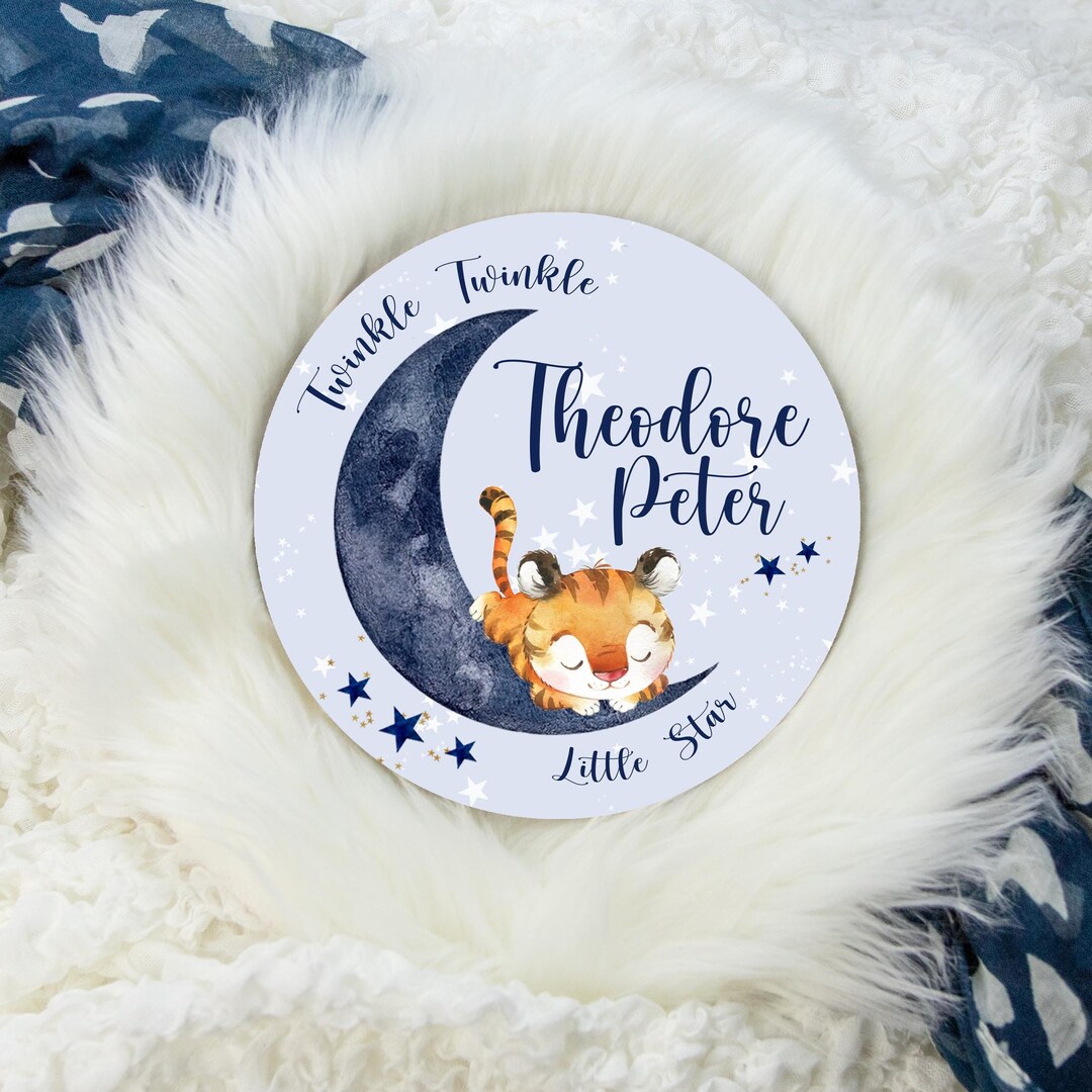 Tiger Moon and Stars Round Wood Name Sign, Moon Baby Sign, Round Wood ...