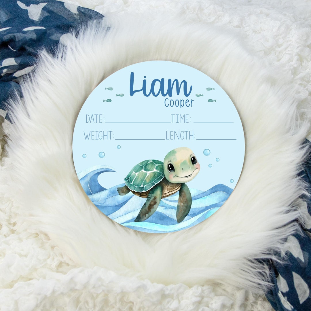 Turtle Birth Stat Sign, Ocean Birth Stat Sign, Round Wood Birth Stat ...