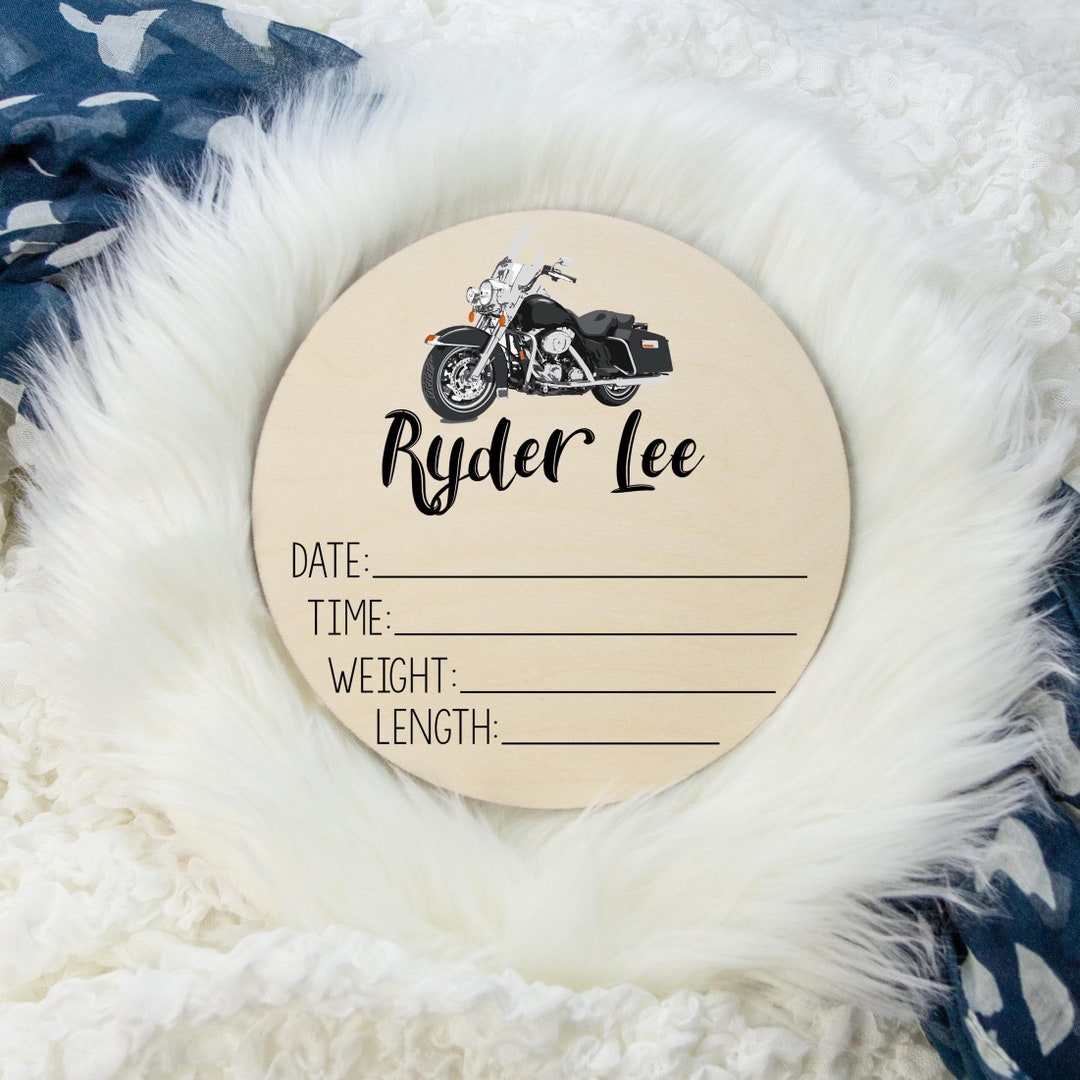 Birth Stat Sign, Round Wood Birth Stat Sign, Motorcycle Birth Stat Sign ...