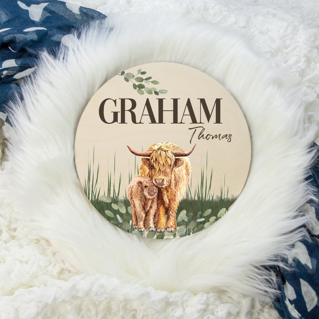 Boho Highland Cow Baby Sign, Round Wood Name Sign, Baby Name Sign ...