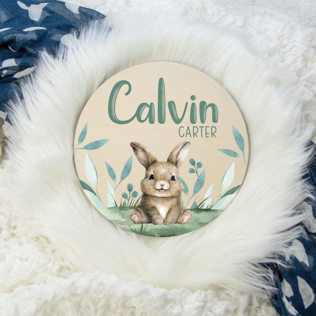 Bunny Name Sign, Rabbit Round Wood Name Sign, Woodland Rabbit Baby Sign ...