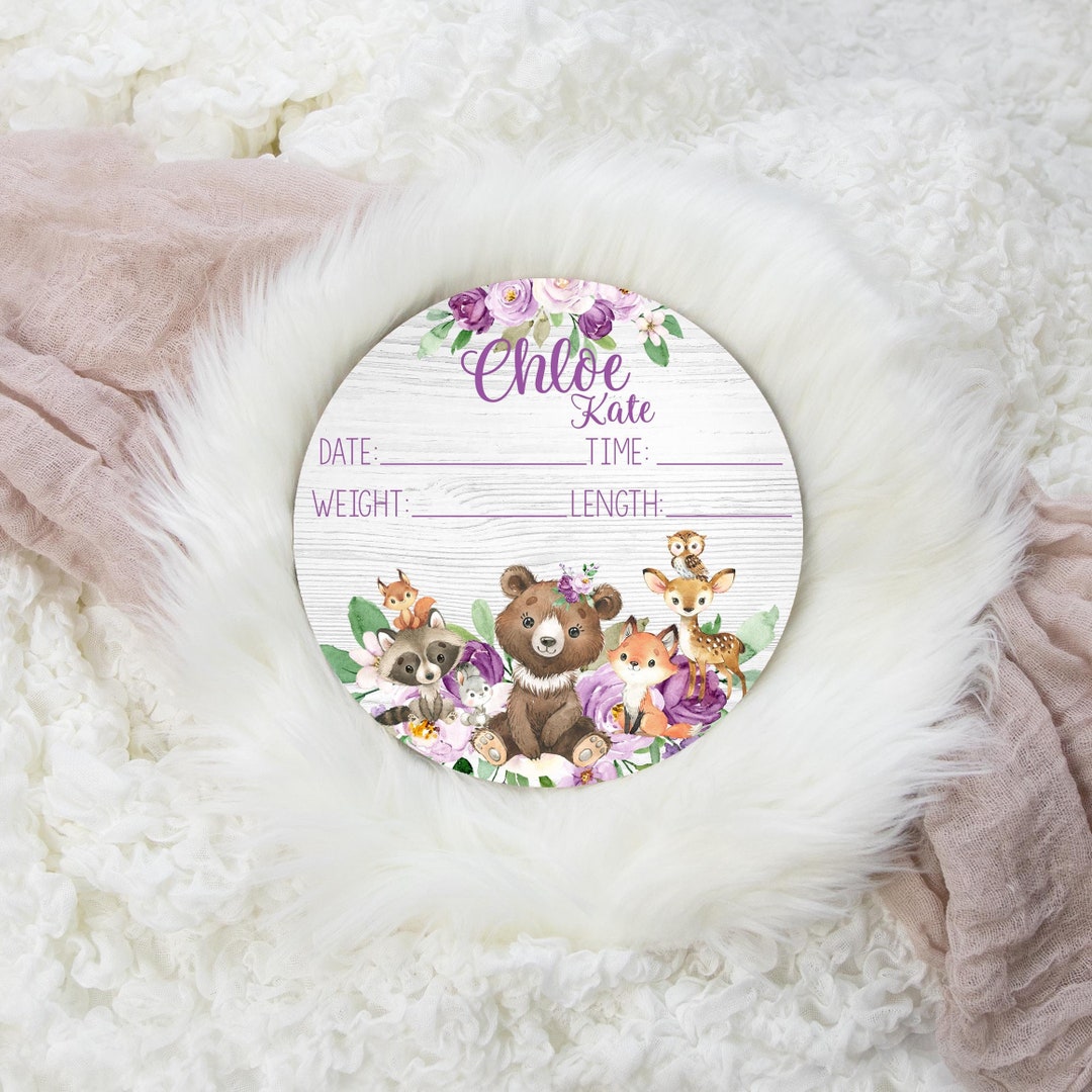 Girl Birth Stat Sign, Round Wood Birth Stat Sign, Woodland Birth Stat ...