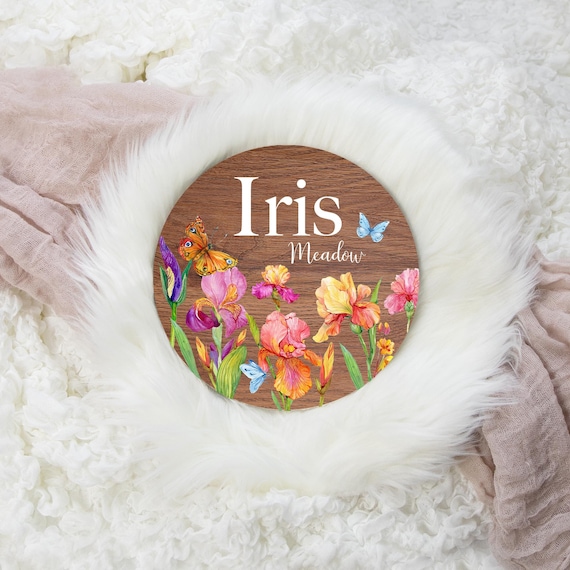 Iris Floral Round Wood Name Sign Iris Baby Sign Round Wood - Etsy