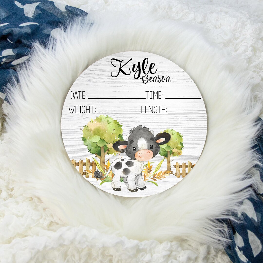 Cow Birth Stat Sign, Round Wood Birth Stat Sign, Farm Animal Birth Stat ...