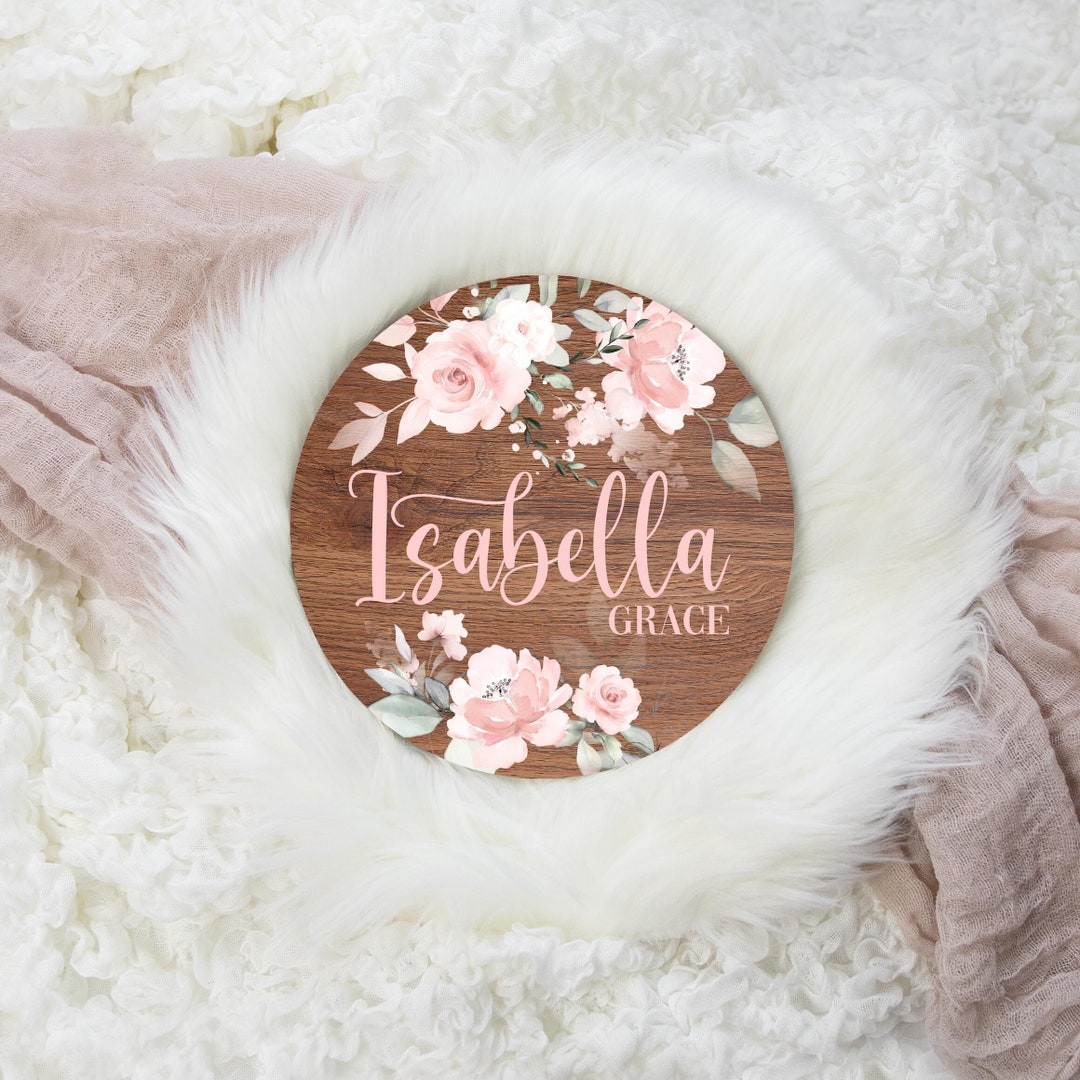Blush Rose Floral Round Wood Name Sign, Pink Rose Baby Sign, Round Wood ...