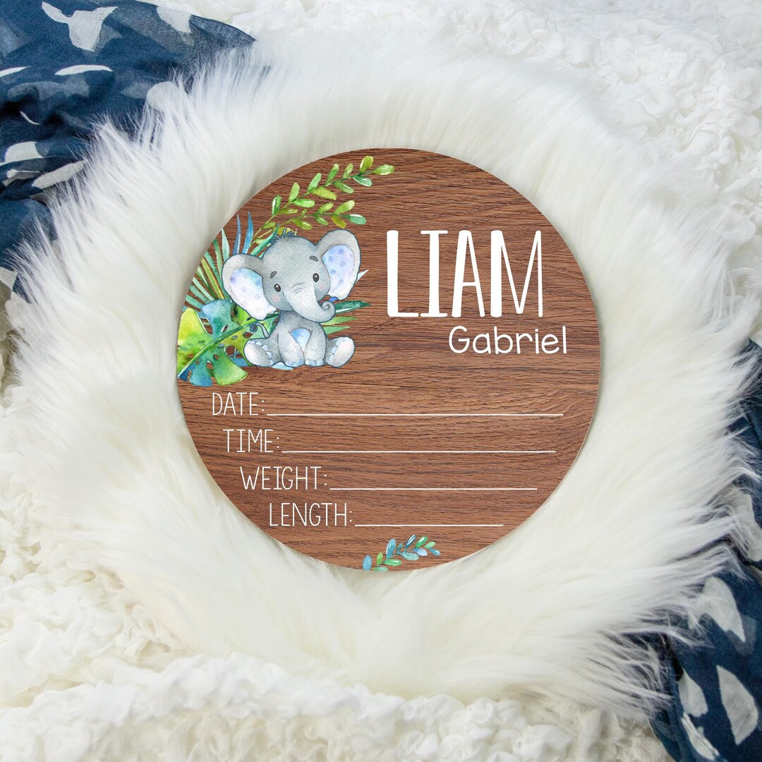 Elephant Birth Stat Sign, Birth Stat Sign, Round Wood Birth Stat Sign ...