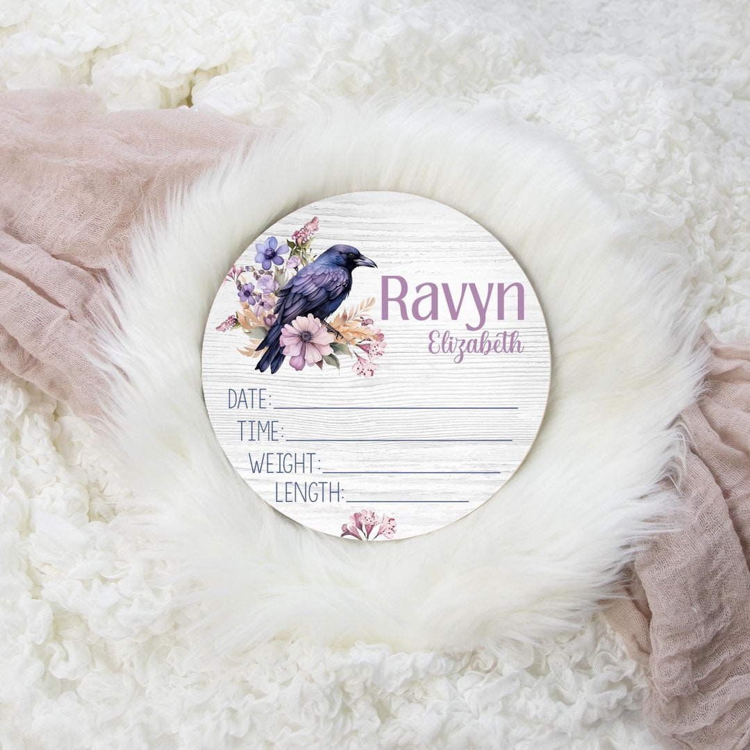 Raven Bird Birth Stat Sign, Rose Birth Stat Sign, Round Wood Birth Stat ...