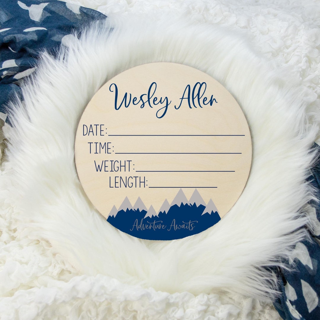 Birth Stat Sign, Round Wood Birth Stat Sign, Mountain Nursery Theme ...