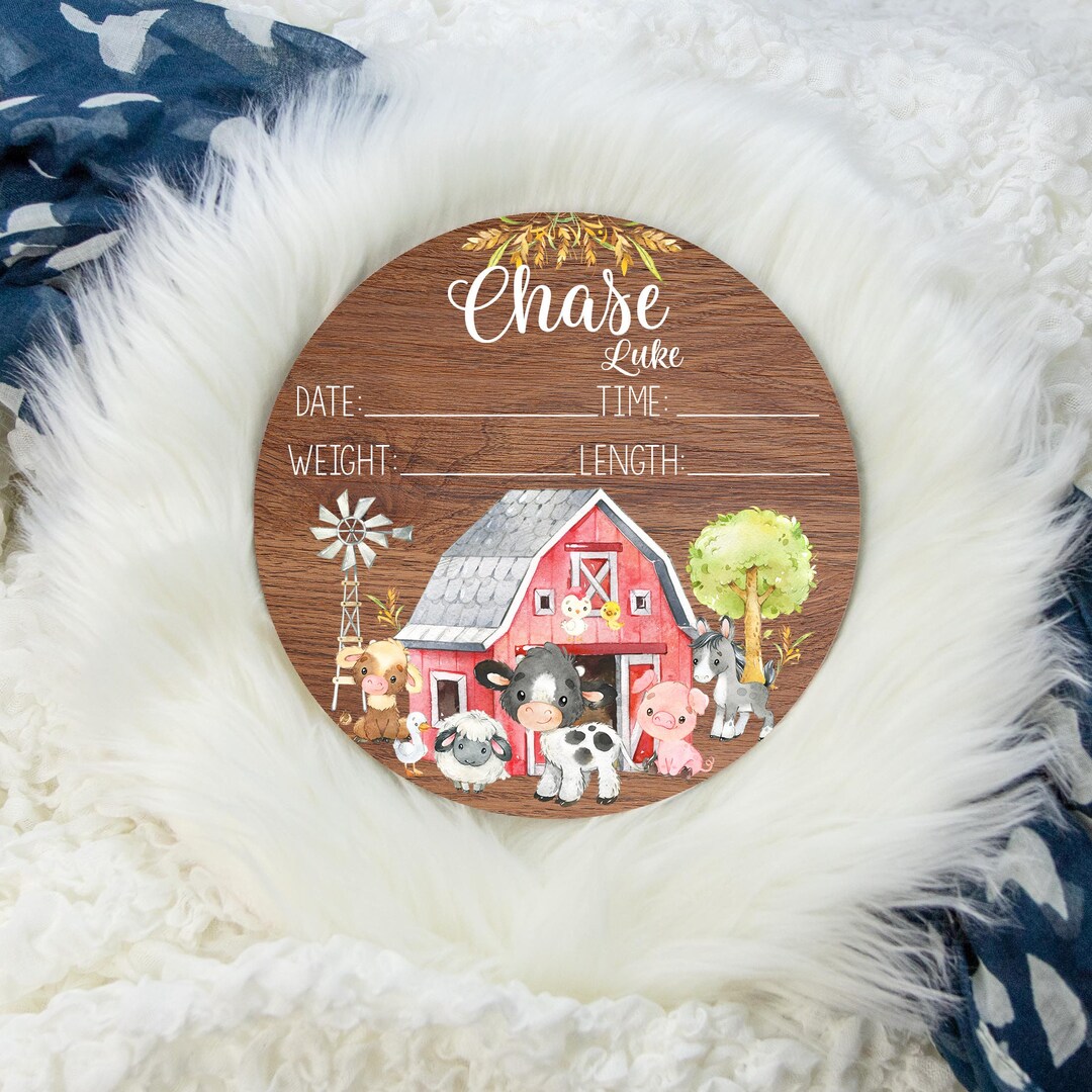 Farm Birth Stat Sign, Round Wood Birth Stat Sign, Farm Animal Birth ...