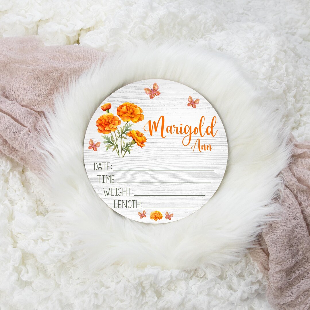 Girl Birth Stat Sign, Marigolds Floral Birth Stat Sign, Round Wood ...
