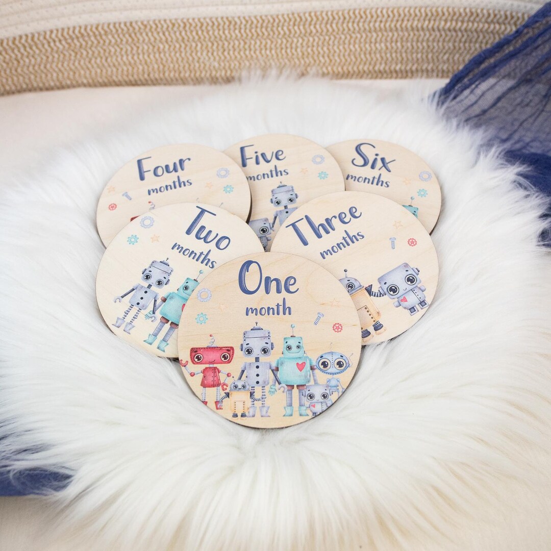 Robot Milestone Cards, Baby Milestone Robot Discs Marker, Wood ...