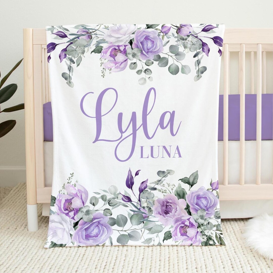Lavender Rose Girl Blanket, Rose Floral Nursery Blanket, Personalized ...
