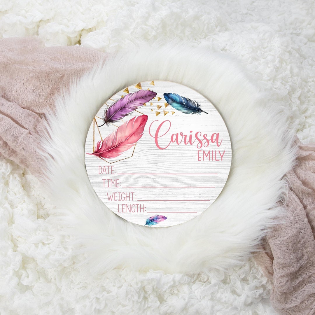 Feather Birth Stat Sign, Round Wood Birth Stat Sign, Boho Feather ...