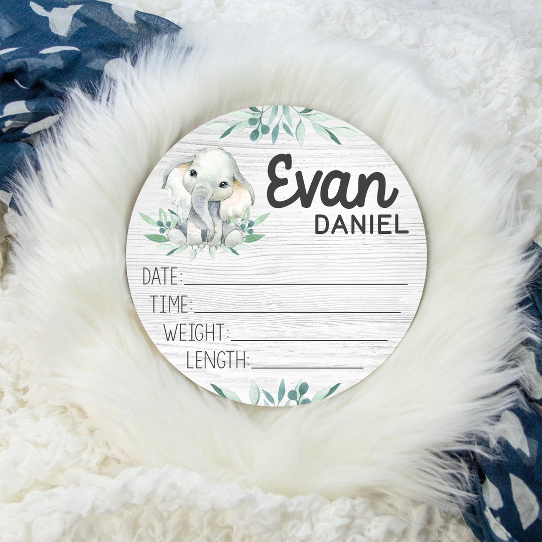 Safari Birth Stat Sign, Round Wood Birth Stat Sign, Boy Elephant Stat ...