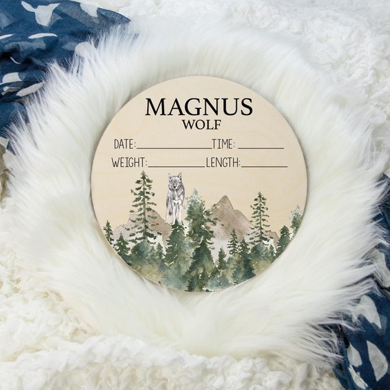 Wolf Birth Stat Sign Round Wood Birth Stat Sign Wilderness - Etsy