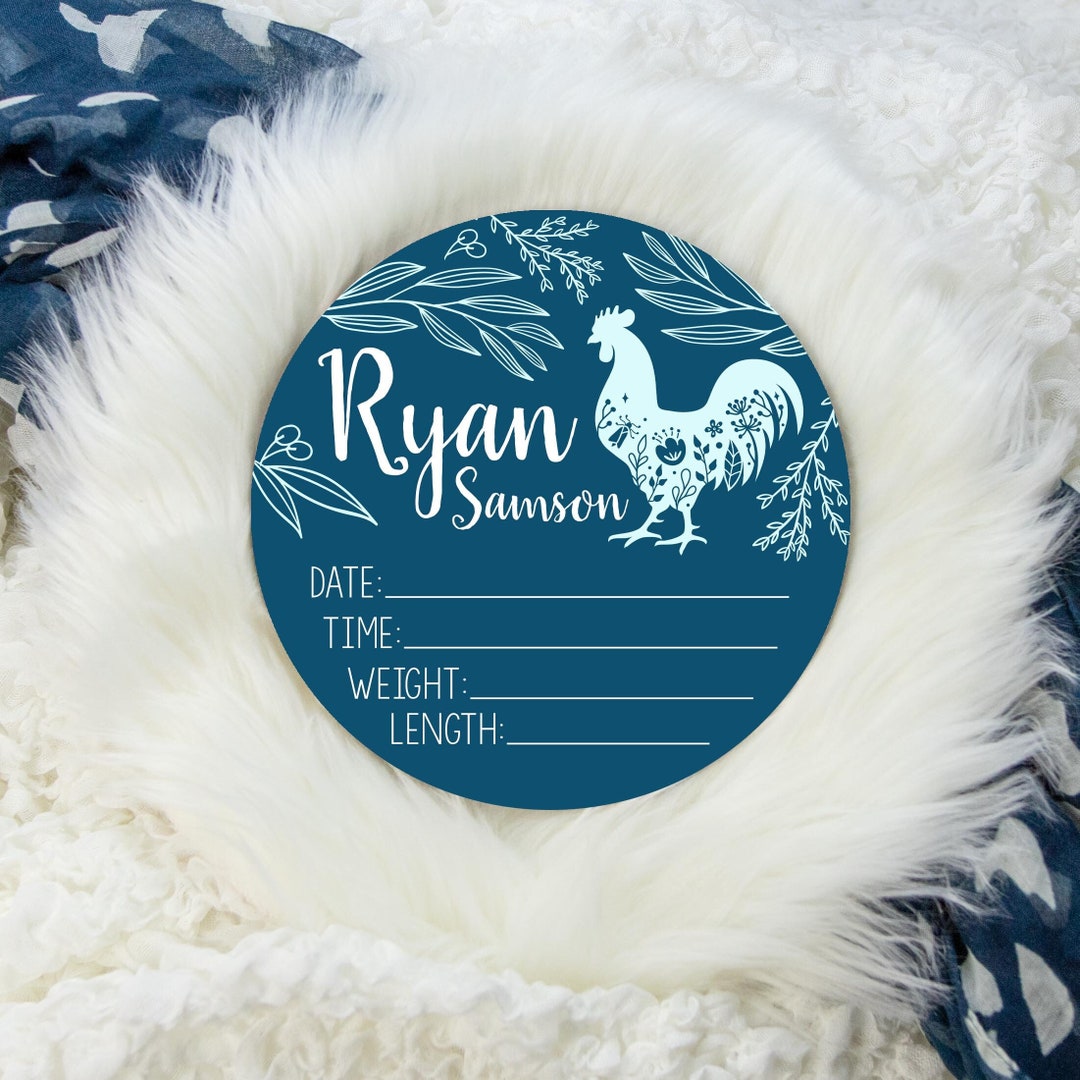 Rooster Birth Stat Sign, Round Wood Birth Stat Sign, Blue Rooster Stat ...