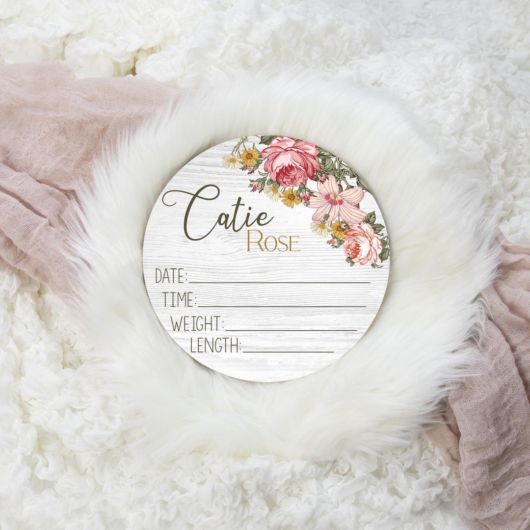 Baby Birth Stat Sign, Boho Vintage Floral Birth Stat Sign, Round Wood ...