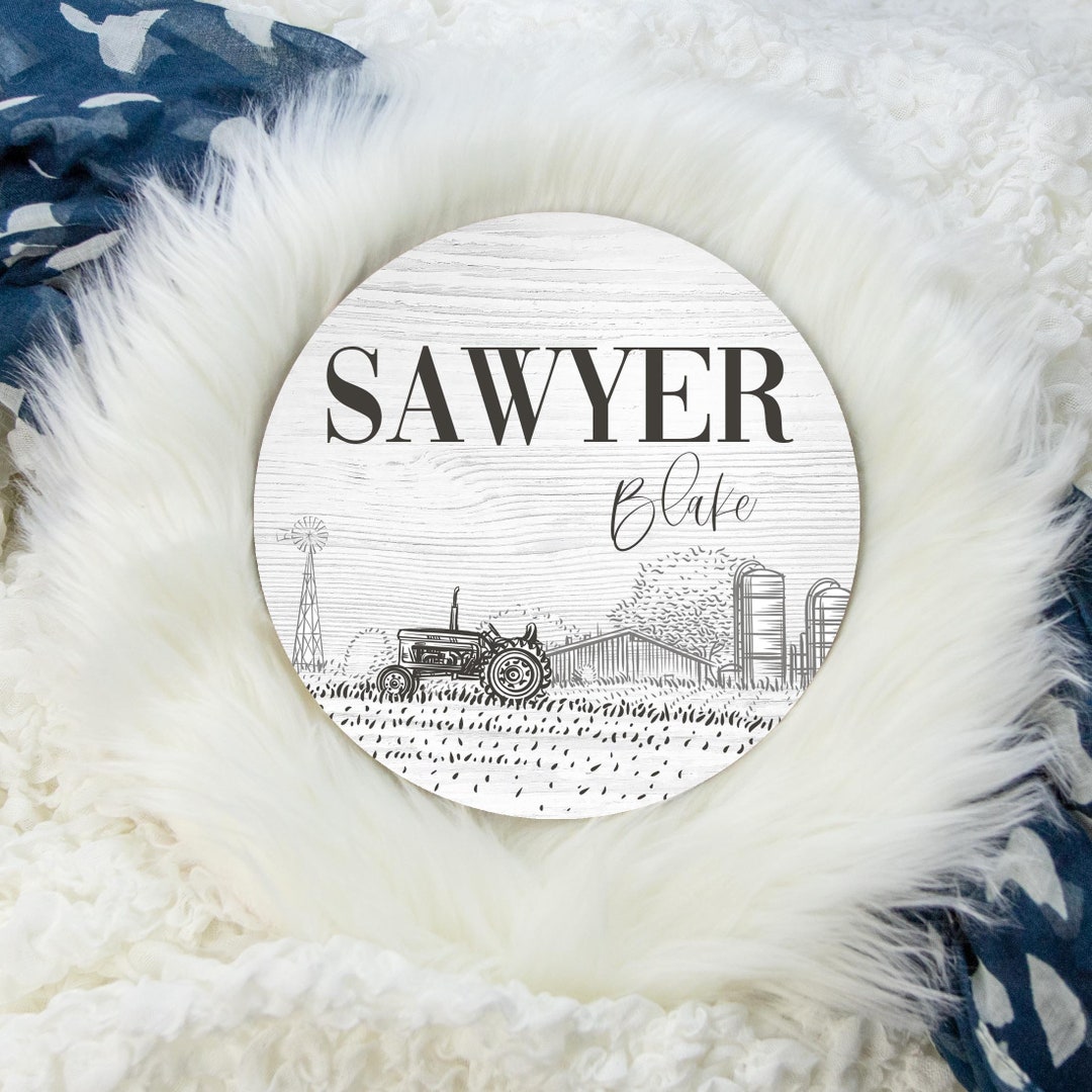 Farm Tractor Name Sign, Round Wood Name Sign, Tractor Baby Name Sign ...