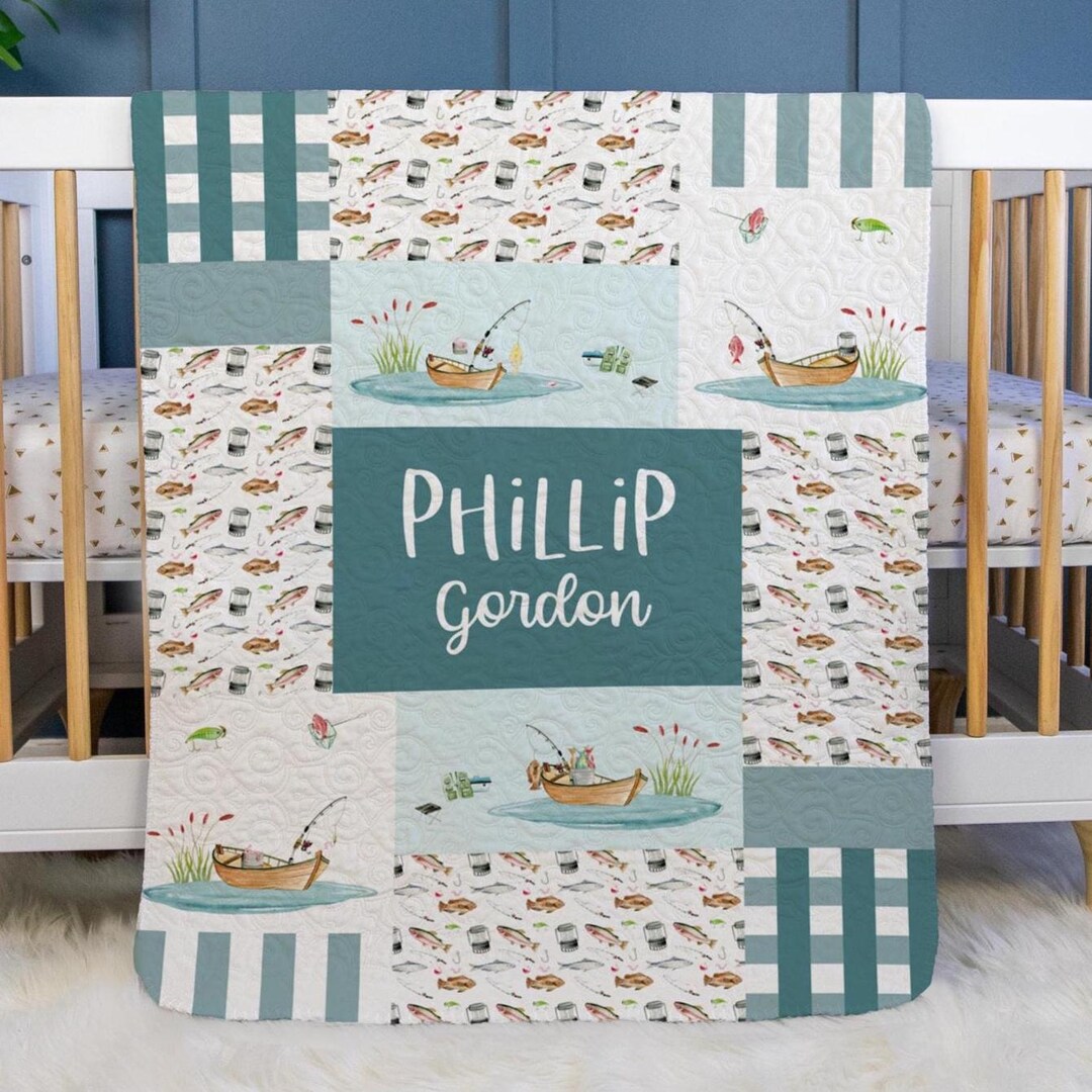 Fishing Baby Quilt, Personalized Baby Fishing Quilt, Optional Bundle ...