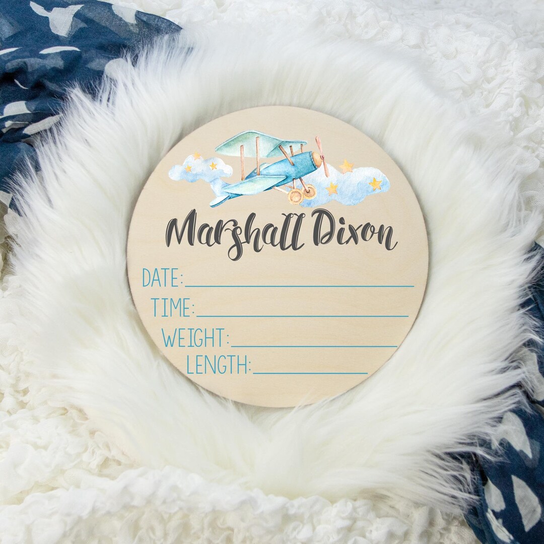 Birth Stat Sign, Round Wood Birth Stat Sign, Airplane Birth Stat Sign ...