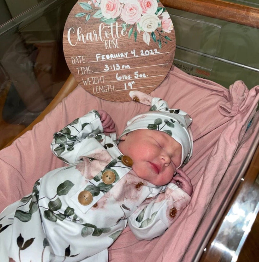 Girl Birth Stat Sign, Blush Floral Birth Stat Sign, Round Wood Birth ...