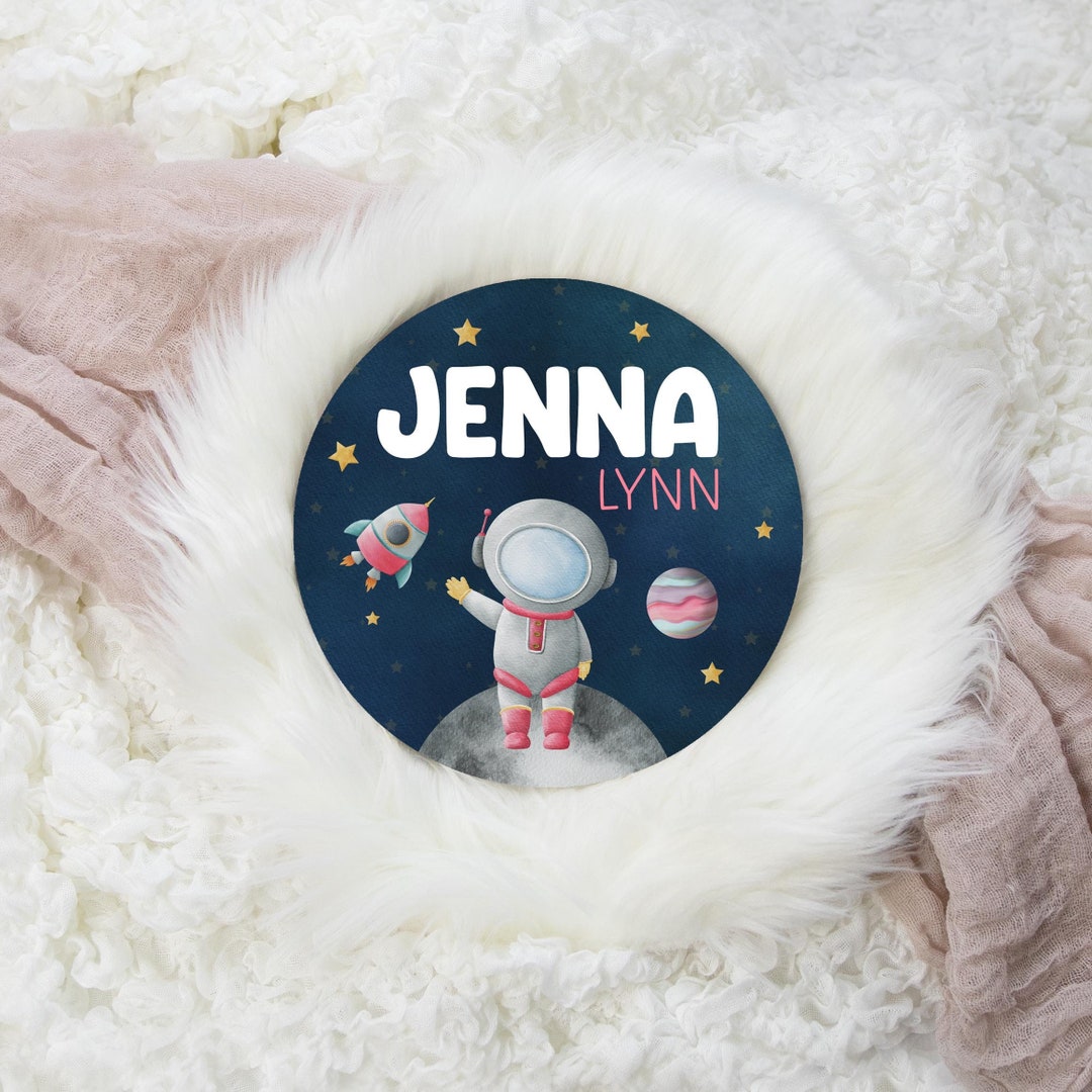 Girl Outer Space Name Sign, Rocket Baby Sign, Round Wood Baby Name Sign ...