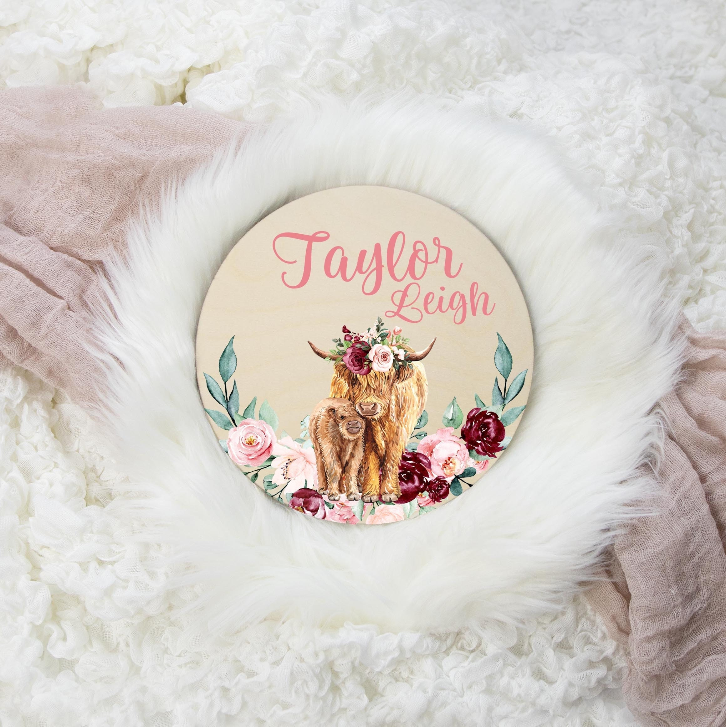 Boho Highland Cow Baby Sign Round Wood Name Sign Baby Name - Etsy