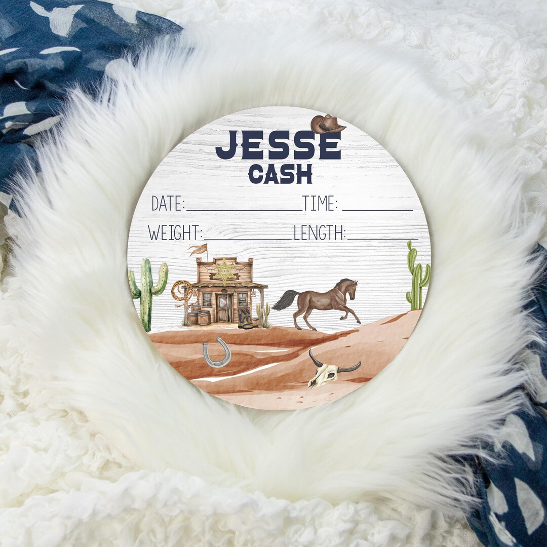 Cowboy Birth Stat Sign, Round Wood Birth Stat Sign, Western Birth Stat ...