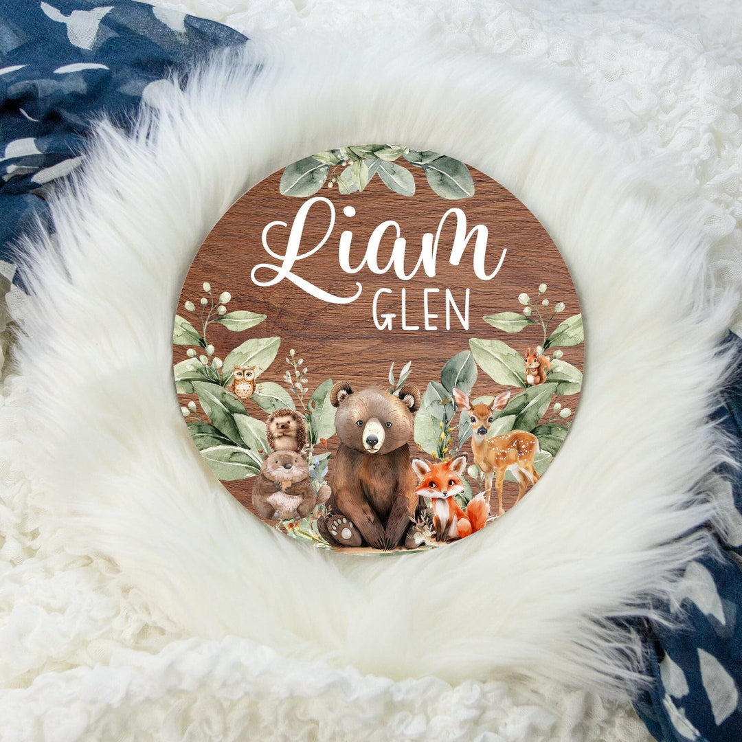 Woodland Animal Name Sign, Woodland Nursery Baby Sign, Round Wood Name ...
