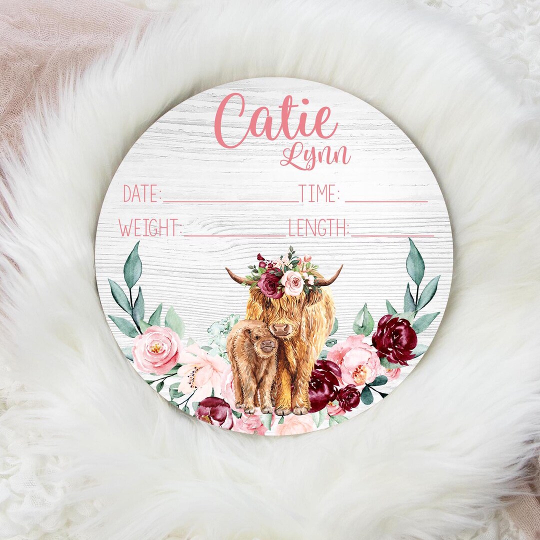 Boho Highland Cow Birth Stat Sign, Cow Birth Stat Sign, Round Wood ...