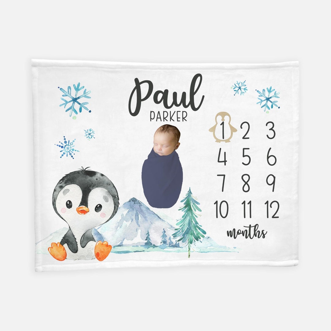 Penguin Baby Milestone Blanket, Monthly Baby Blanket, Baby Girl Blanket ...