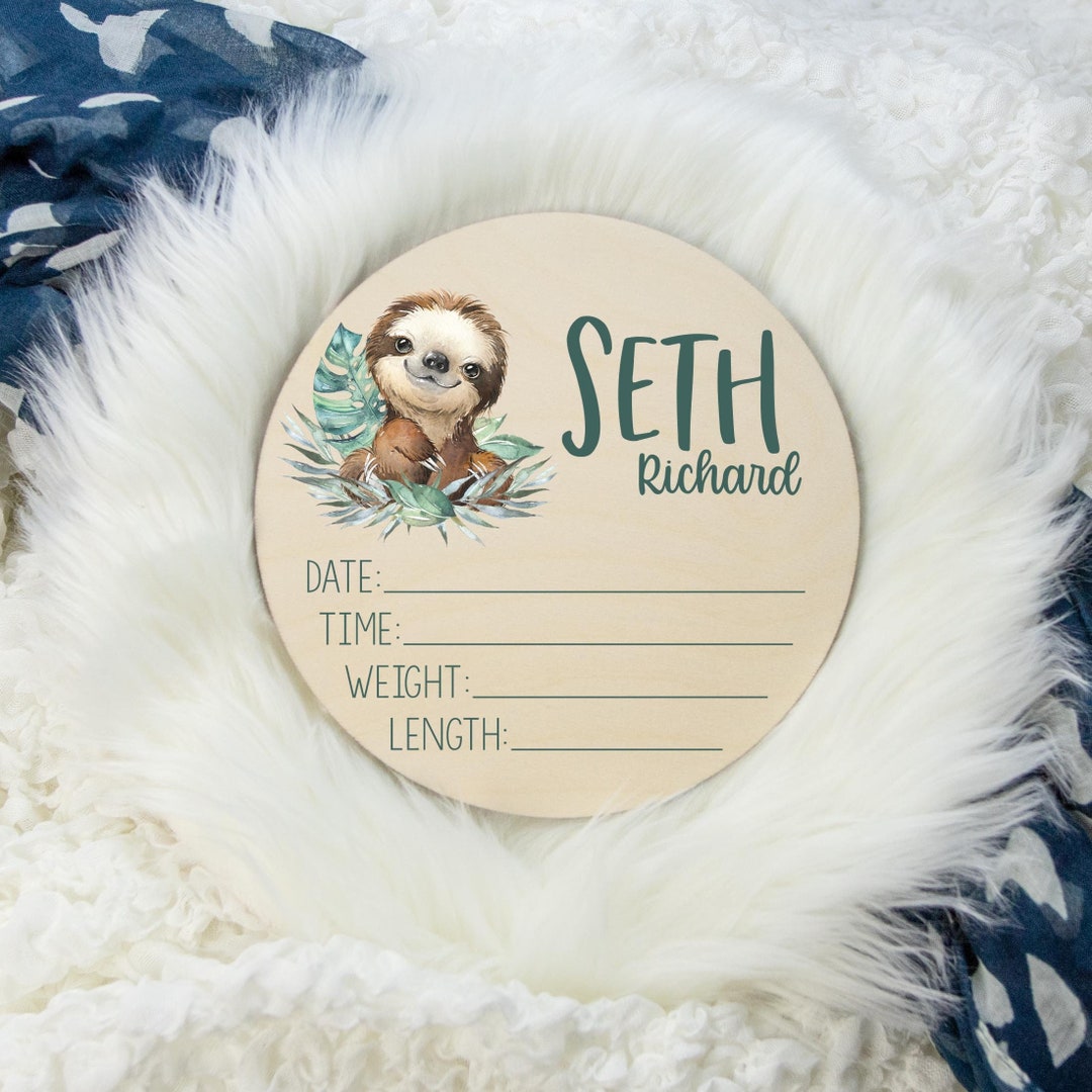 Sloth Birth Stat Sign, Round Wood Birth Stat Sign, Sloth Birth Stat ...