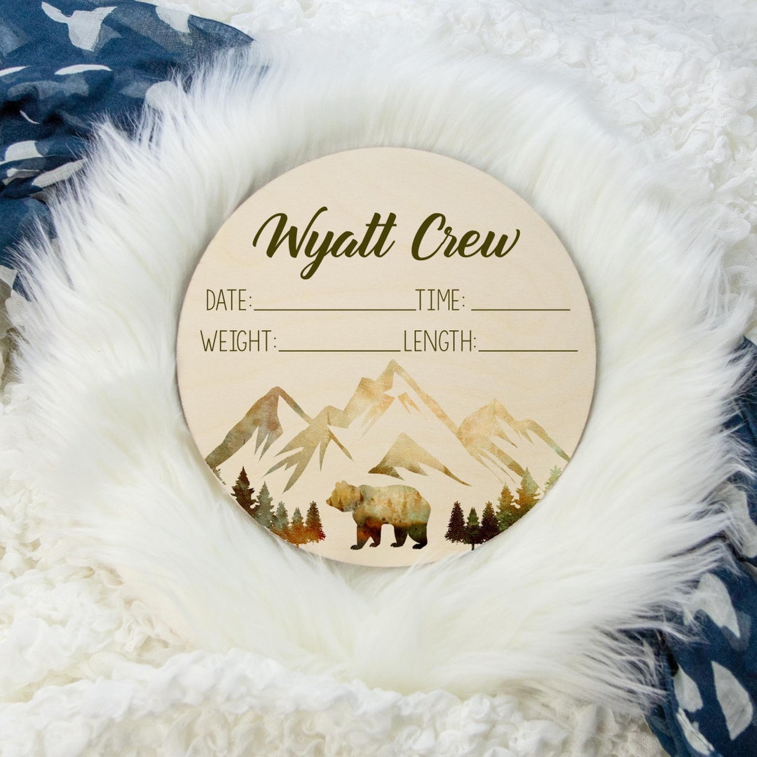 Bear Birth Stat Sign, Round Wood Birth Stat Sign, Mountain Nursery ...