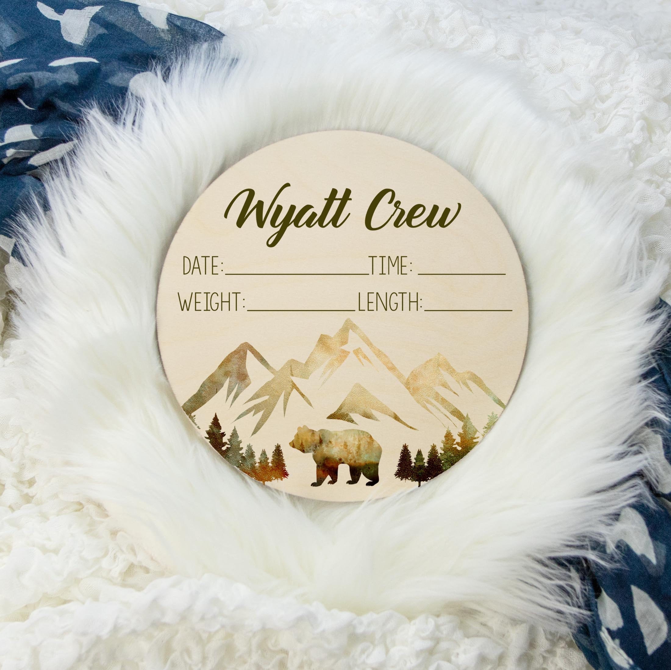 Bear Birth Stat Sign Round Wood Birth Stat Sign Mountain - Etsy