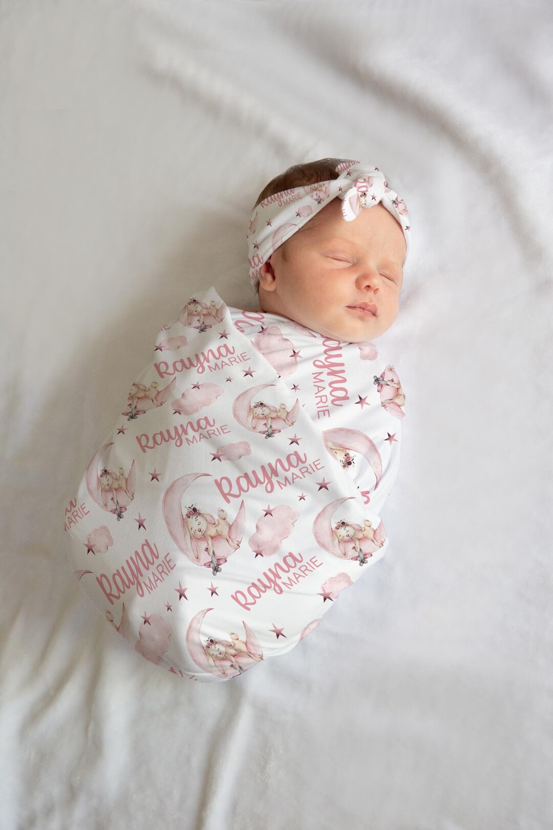 Rabbit Moon and Stars Swaddle Set, Personalized Moon and Stars Baby ...