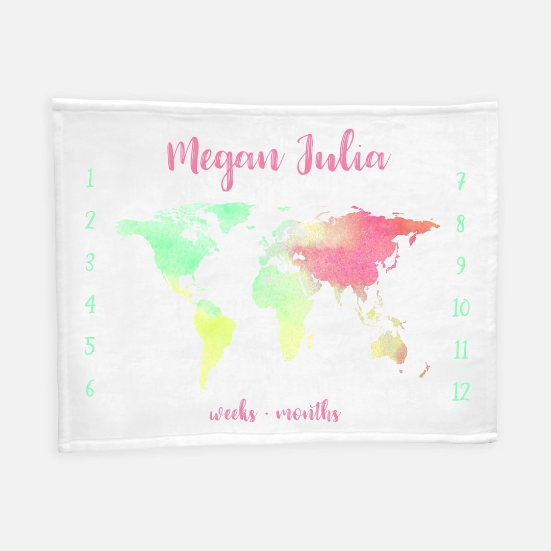 World Map Baby Milestone Blanket, Monthly Baby Blanket, Personalized ...
