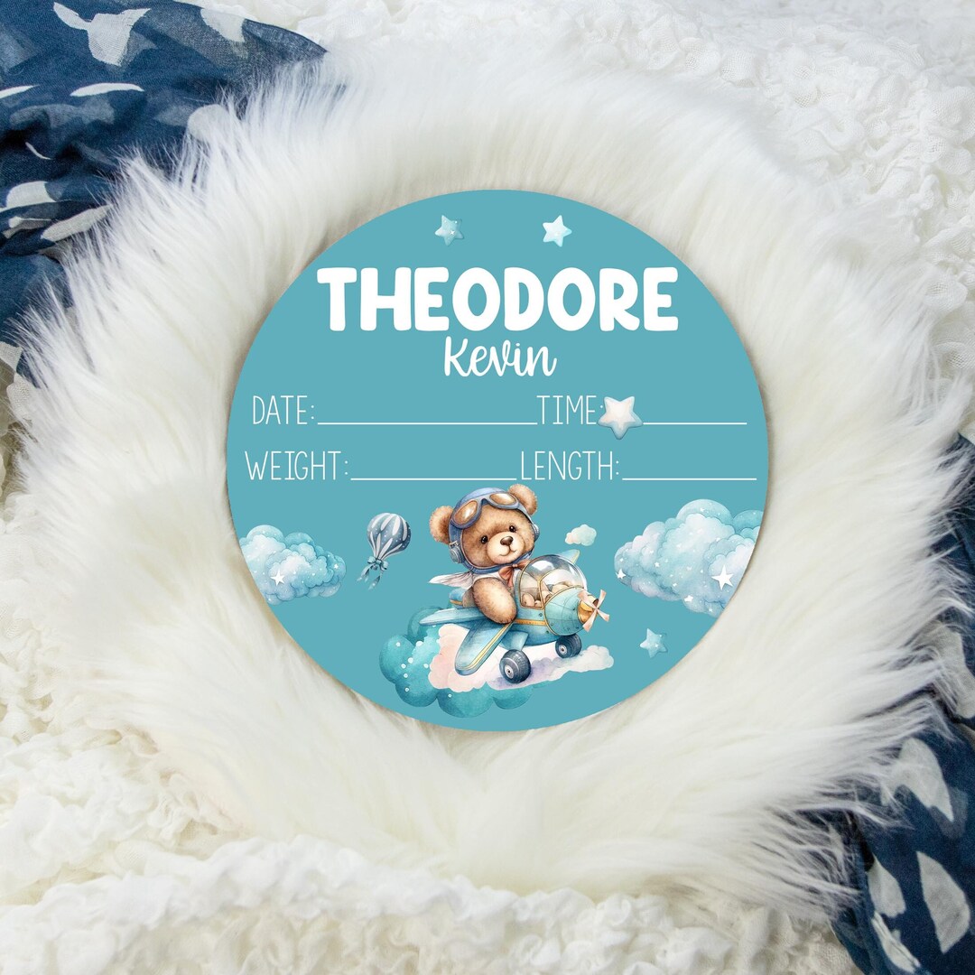 Boy Bear Pilot Birth Stat Sign, Round Wood Birth Stat Sign, Bear ...