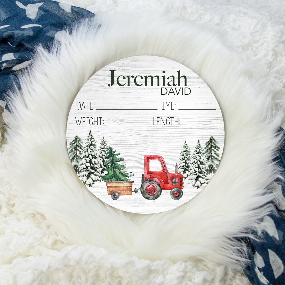 Winter Red Tractor Birth Stat Sign, Birth Stat Sign, Round Wood Birth ...