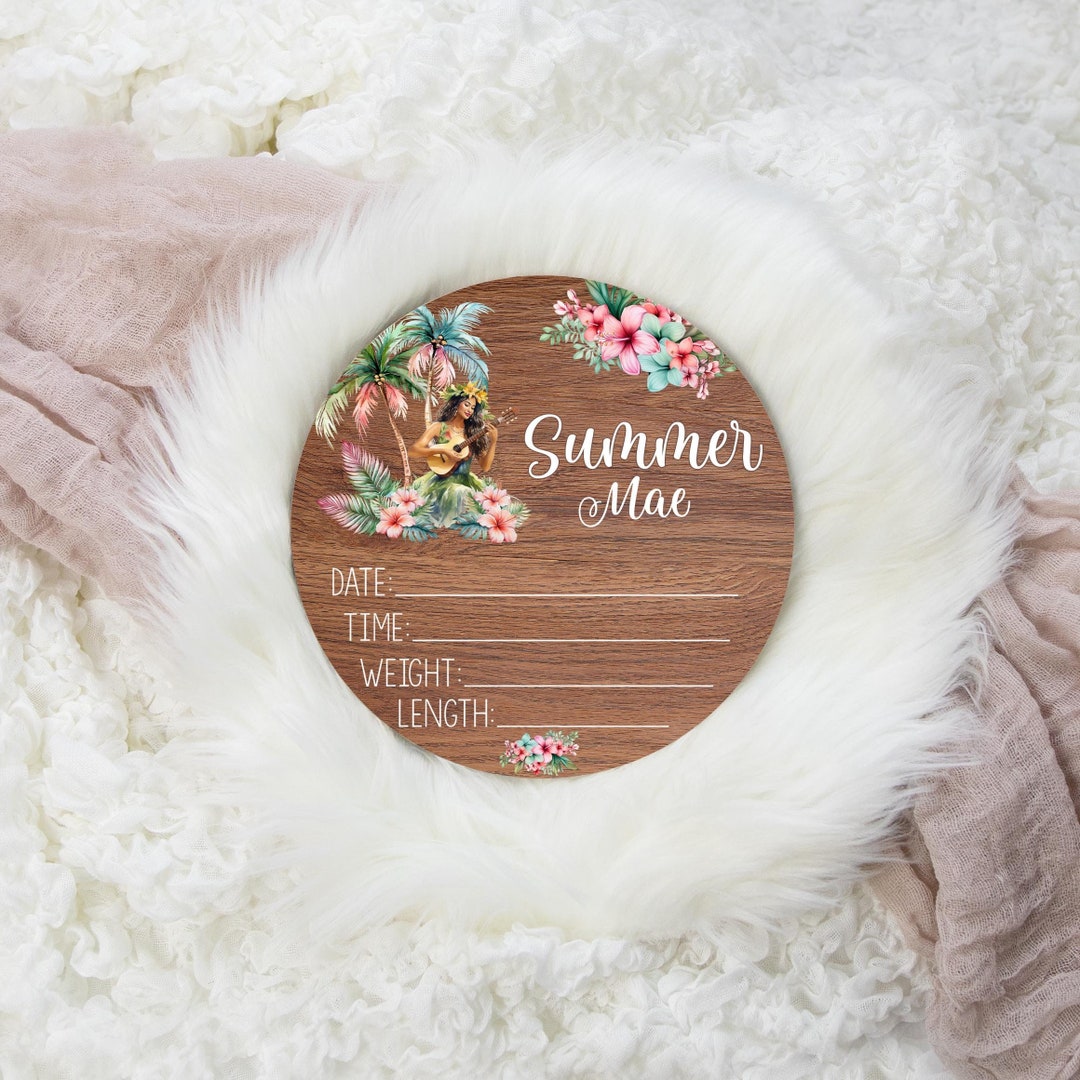 Girl Tropical Birth Stat Sign, Beach Birth Stat Sign, Round Wood Birth ...