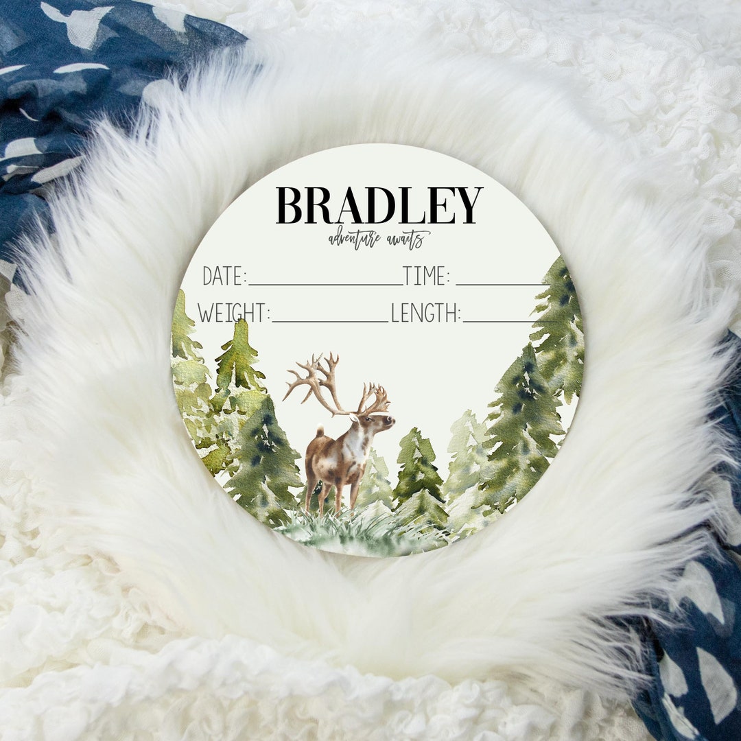 Woodland Mountain Birth Stat Sign, Round Wood Stat Sign, Deer Forest ...