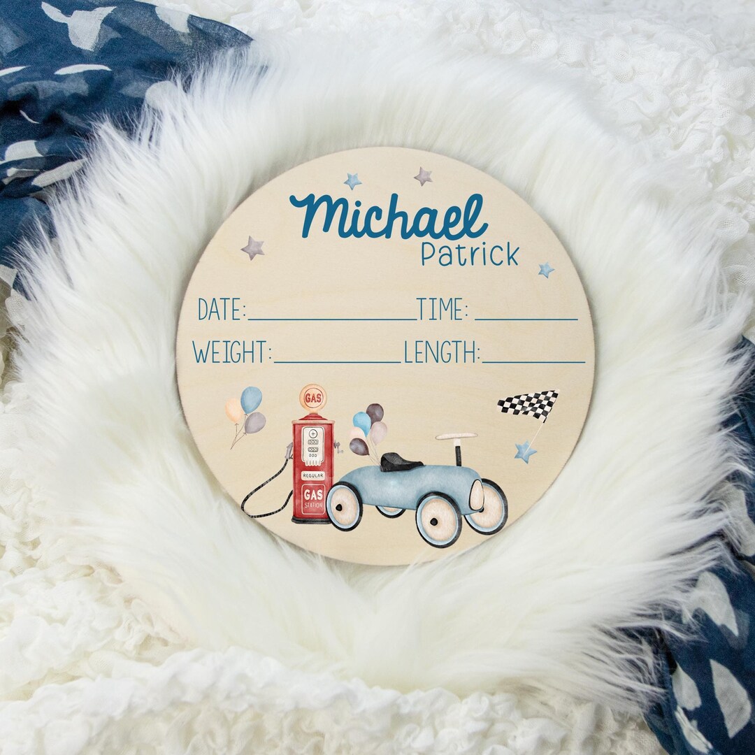 Race Car Birth Stat Sign, Birth Stat Sign, Round Wood Birth Stat Sign ...