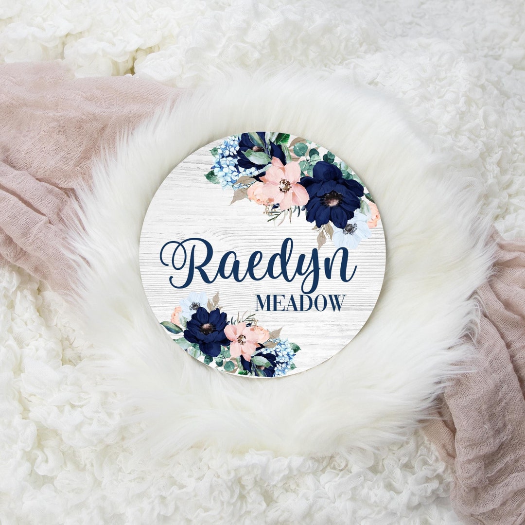 Pink and Navy Floral Round Wood Name Sign, Navy Blush Baby Sign, Round ...