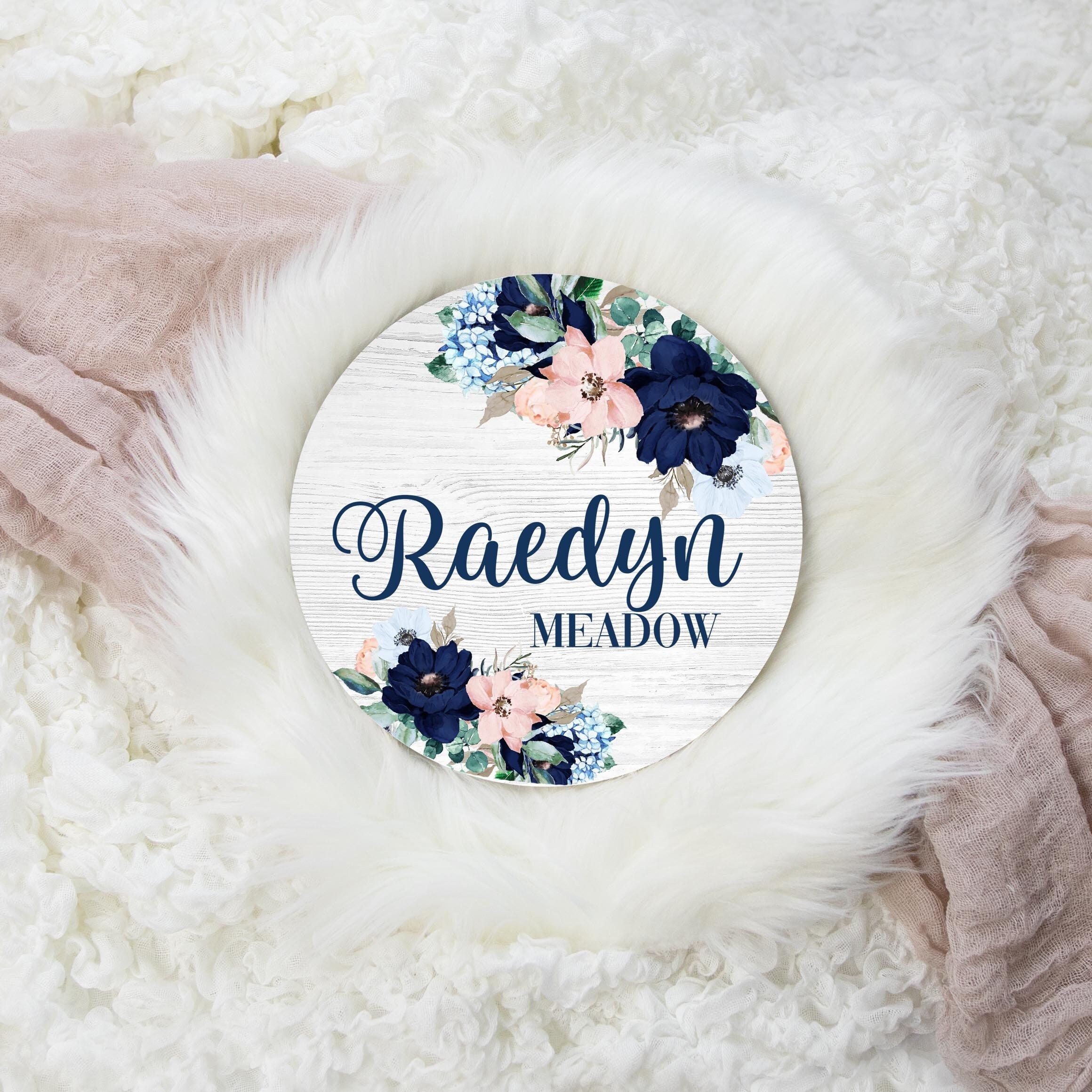 Pink and Navy Floral Round Wood Name Sign Navy Blush Baby - Etsy