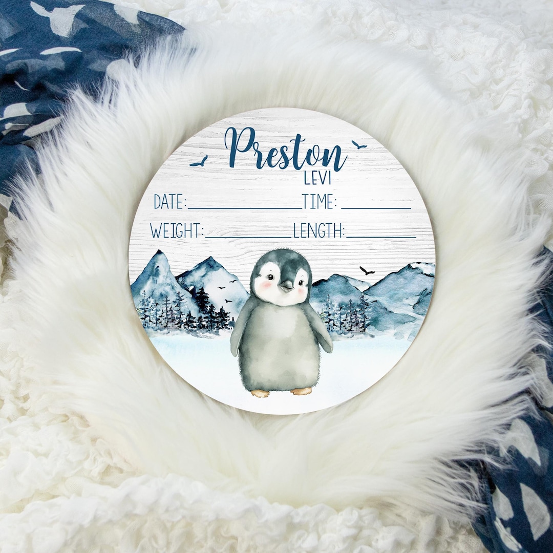 Penguin Birth Stat Sign, Birth Stat Sign, Round Wood Birth Stat Sign ...