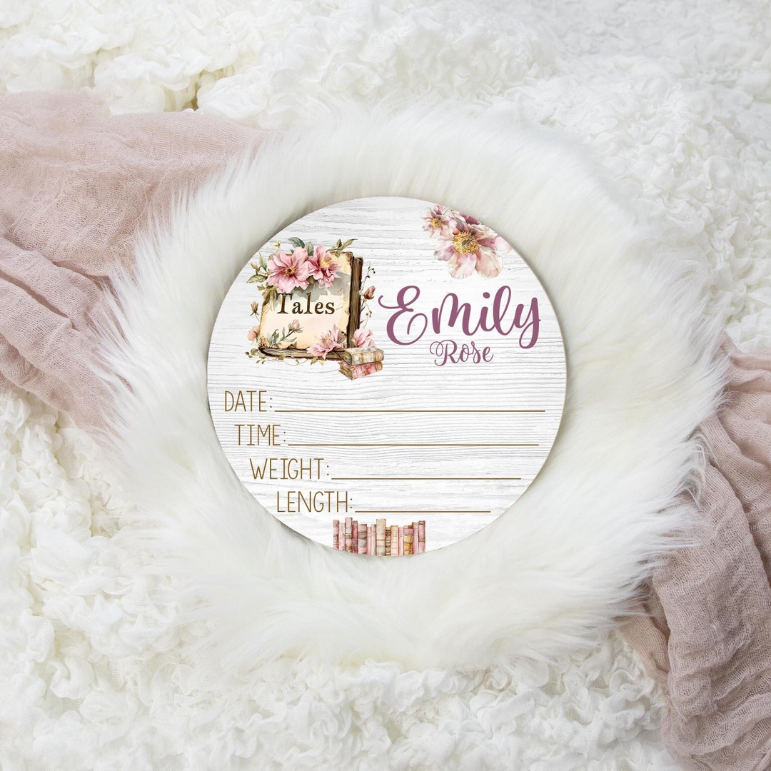 Book Birth Stat Sign, Round Wood Birth Stat Sign, Storybook Birth Stat ...