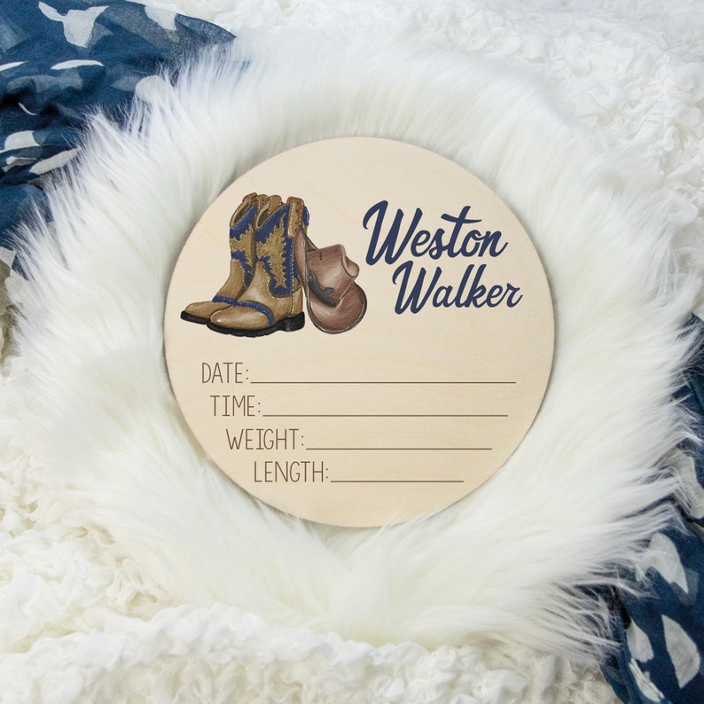 Cowboy Birth Stat Sign, Round Wood Birth Stat Sign, Western Birth Stat ...